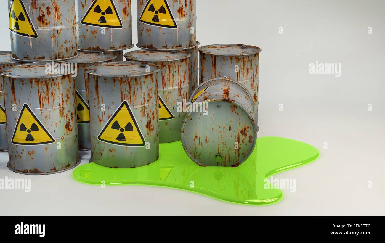 Rusty iron barrels with a biohazard sign. 3D visualization Stock Photo ...