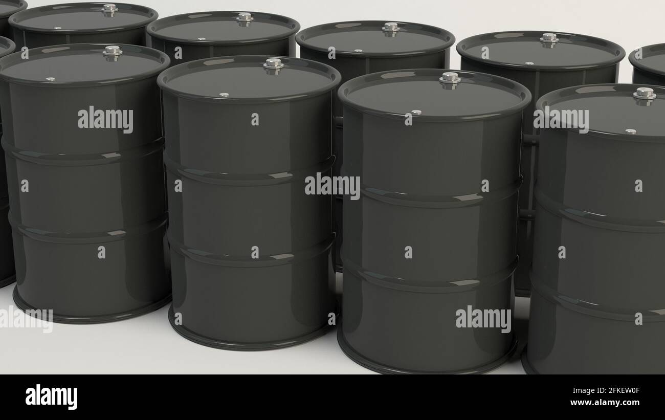 Black iron barrels with oil. 3D visualization Stock Photo - Alamy