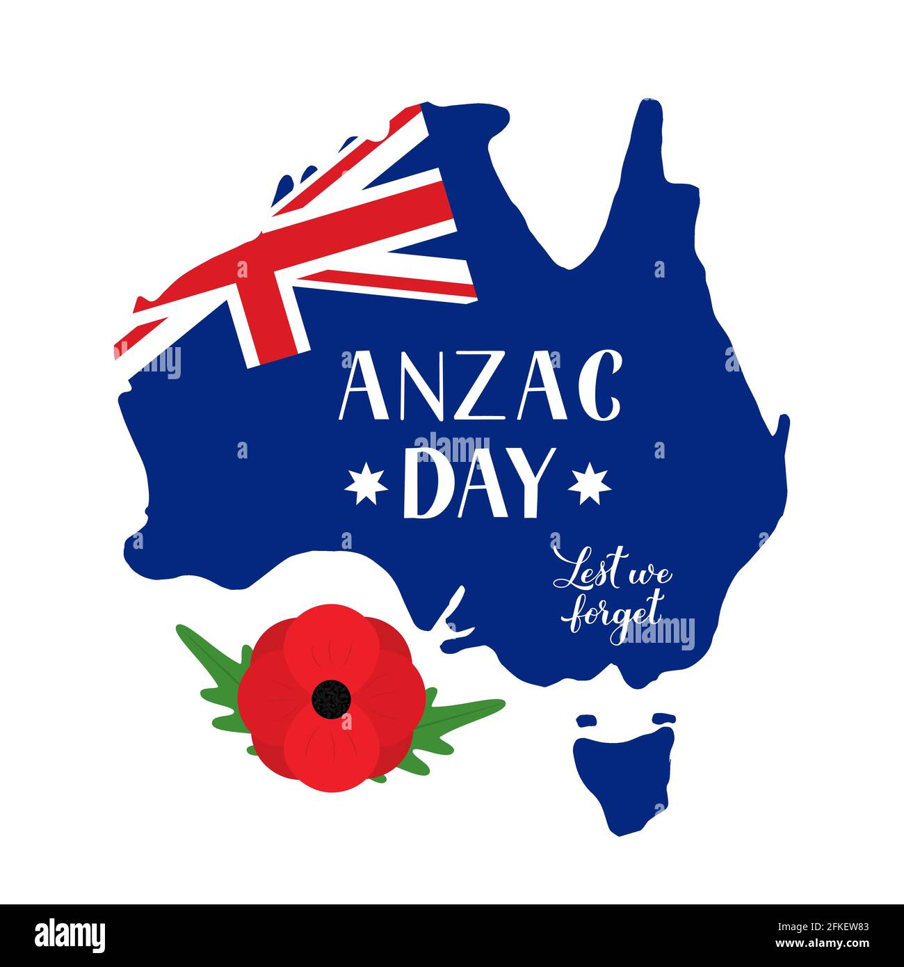 Anzac day lettering on map on Australia. Red poppy flower symbol of ...