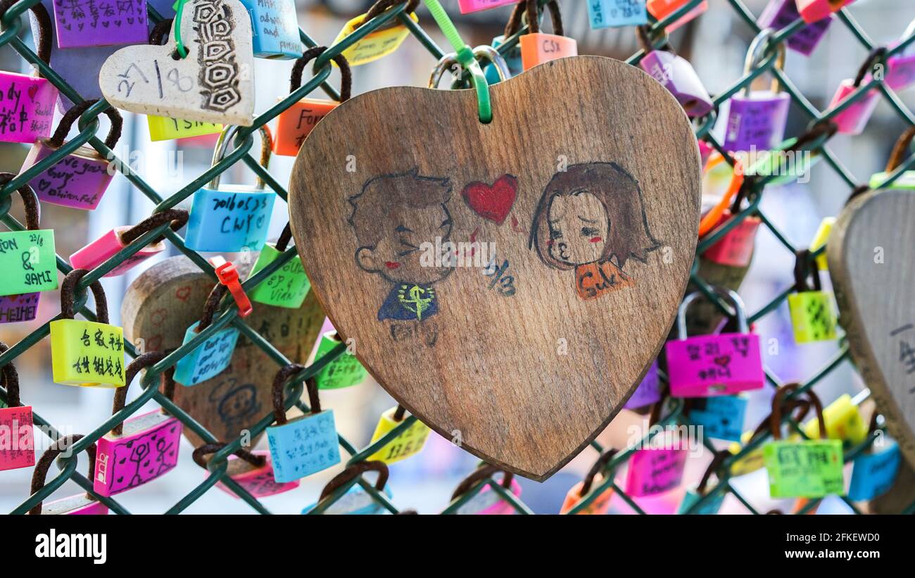 Hong Kong - June 2016: The love lock wall at Cheung Chau Island, hand ...