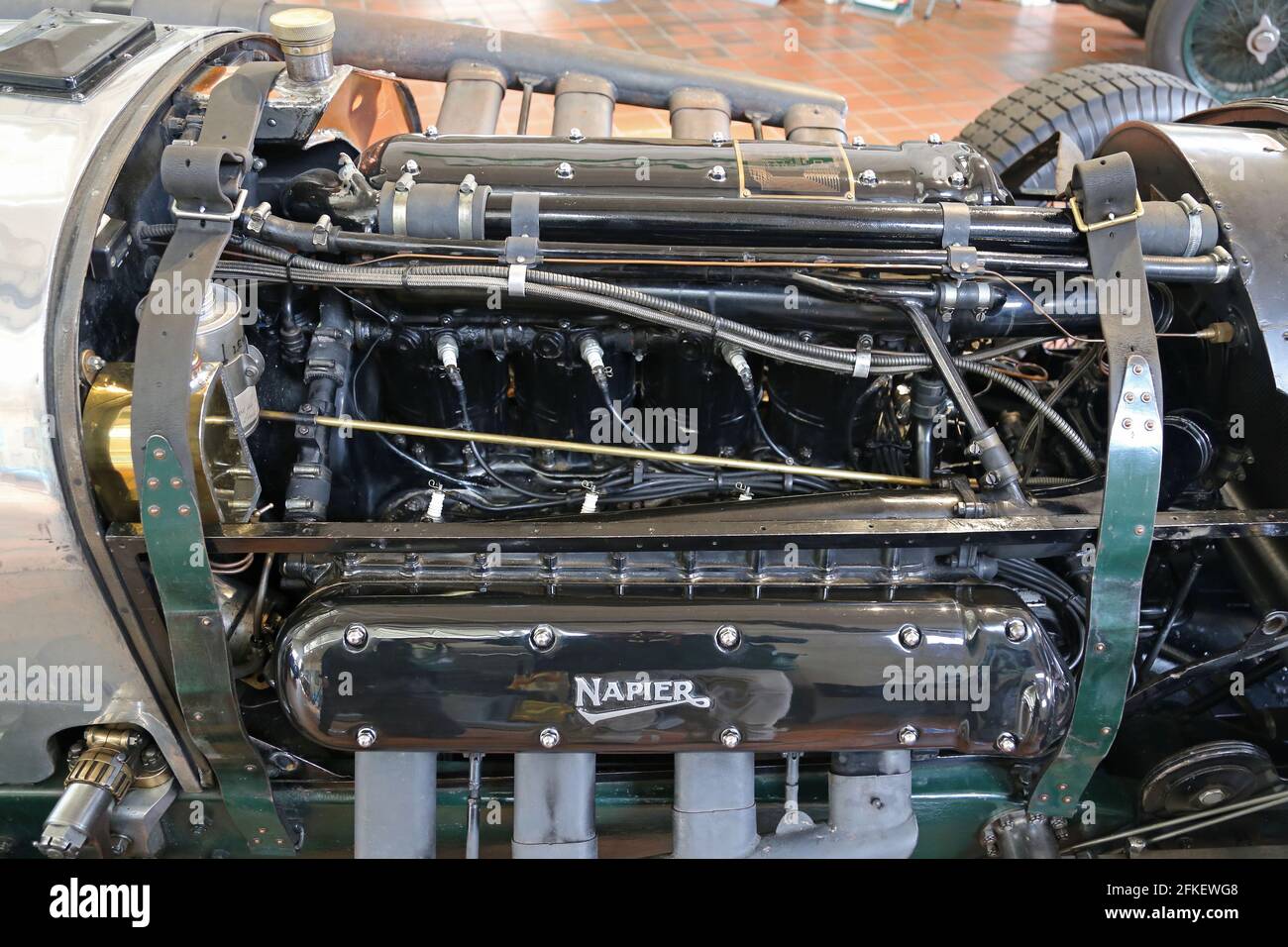 Lion aero engine in Napier-Railton lap record car. ERA Shed, Brooklands ...