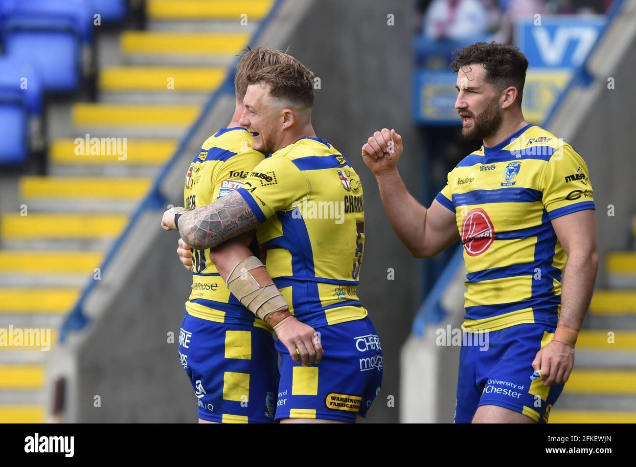 Josh Charnley (5) of Warrington Wolves celebrates his try as Warrington ...