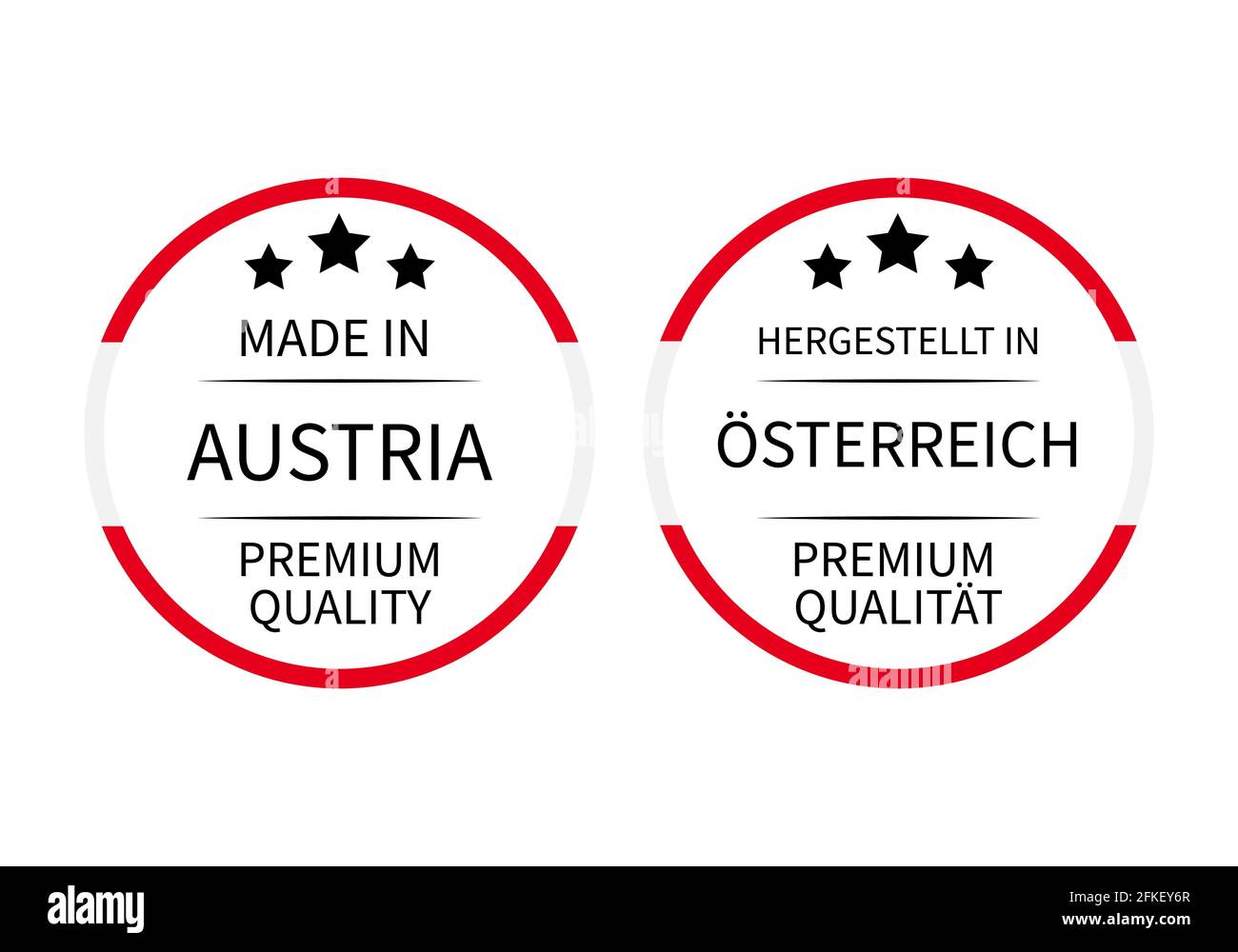 Made in Austria round labels in English and in German languages ...