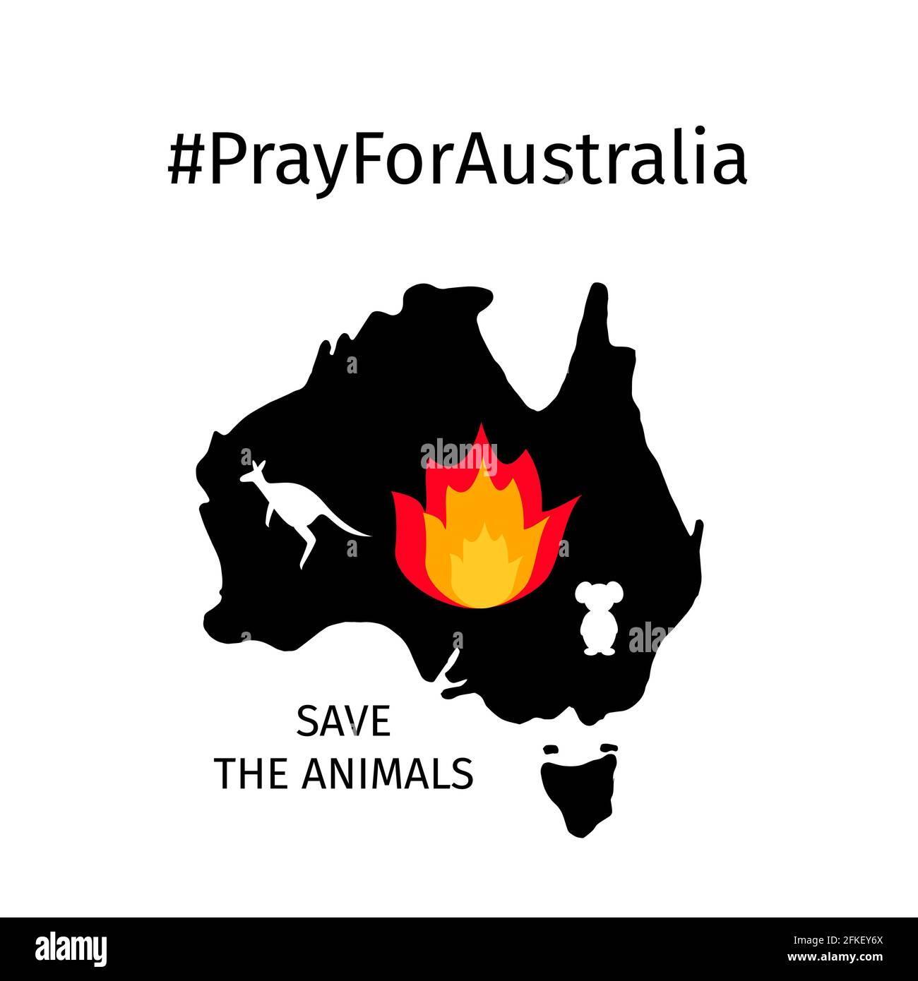 Pray for Australia vector illustration with Australian map in fire ...