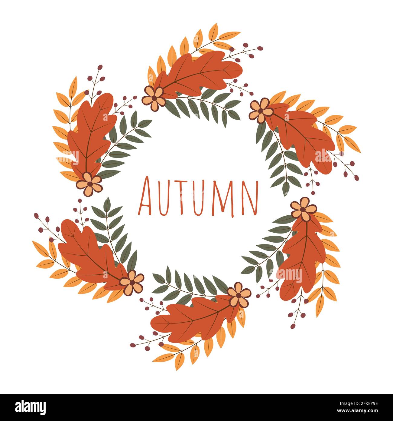 Wreath of colorful autumn leaves, berries and flowers. Fall theme ...