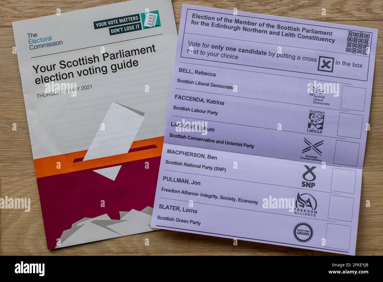 Ballot paper in 2021 Scottish parliament election for Edinburgh North ...