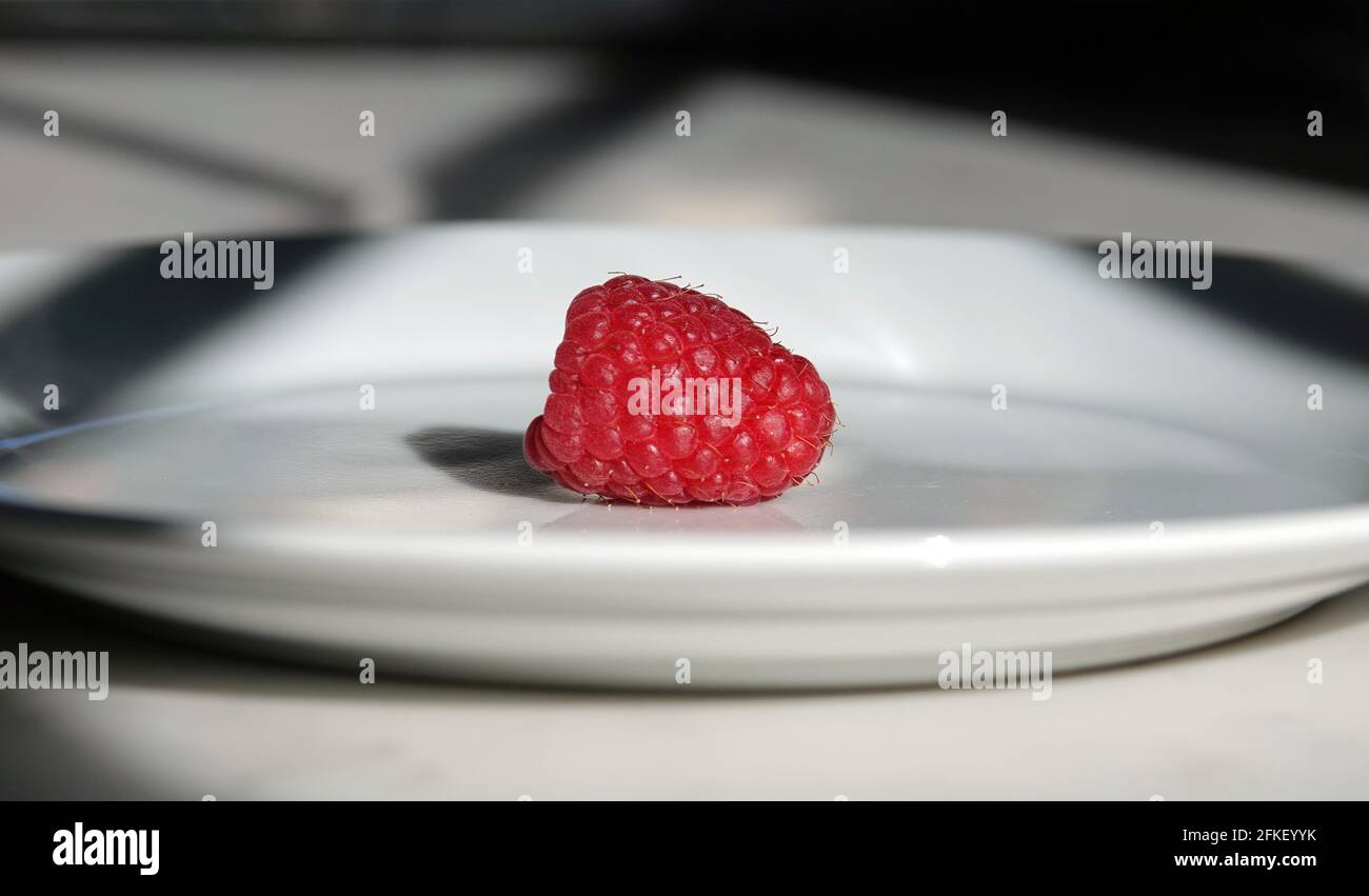 Single raspberry on a ceramic plate in a dark kitchen Stock Photo - Alamy