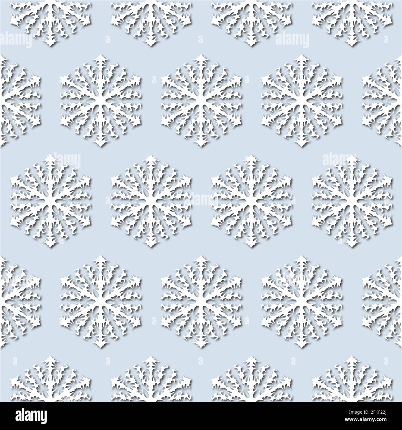 White snowflakes on pale blue background, seamless pattern. Paper cut ...