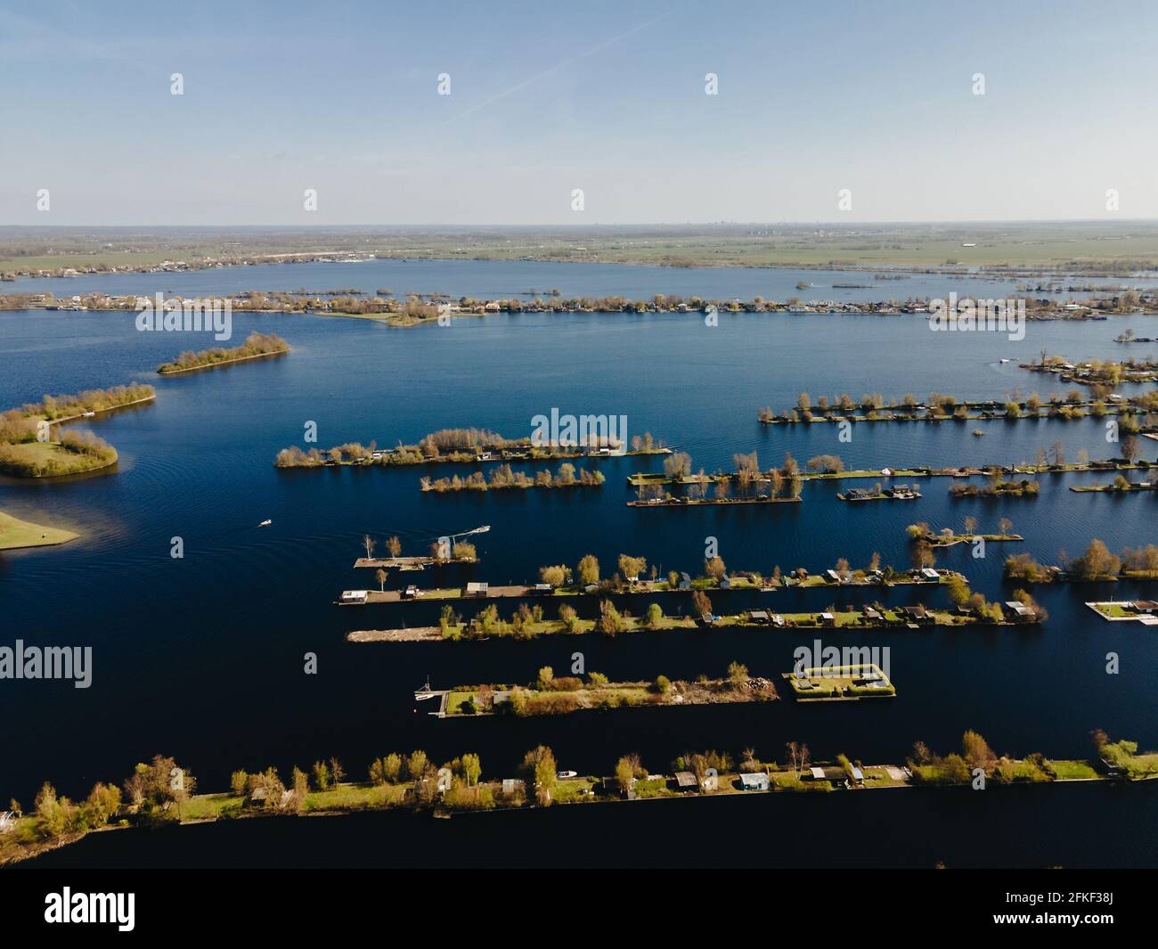 Aerial view of small islands in the Lake Vinkeveense Plassen, near ...