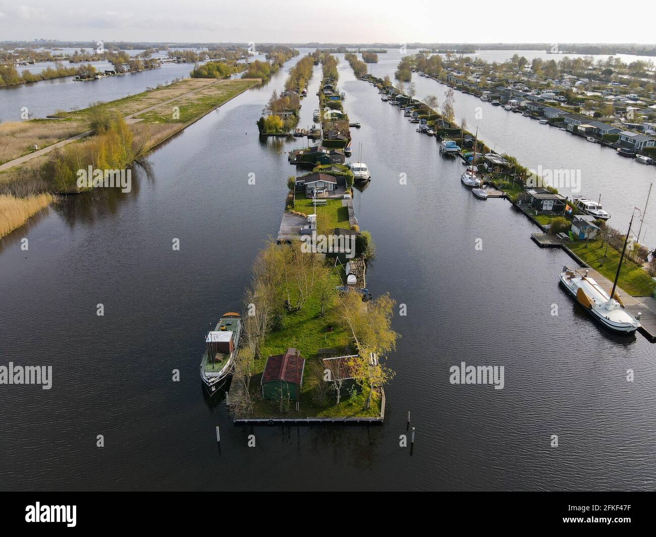 Aerial view of small islands in the Lake Vinkeveense Plassen, near ...