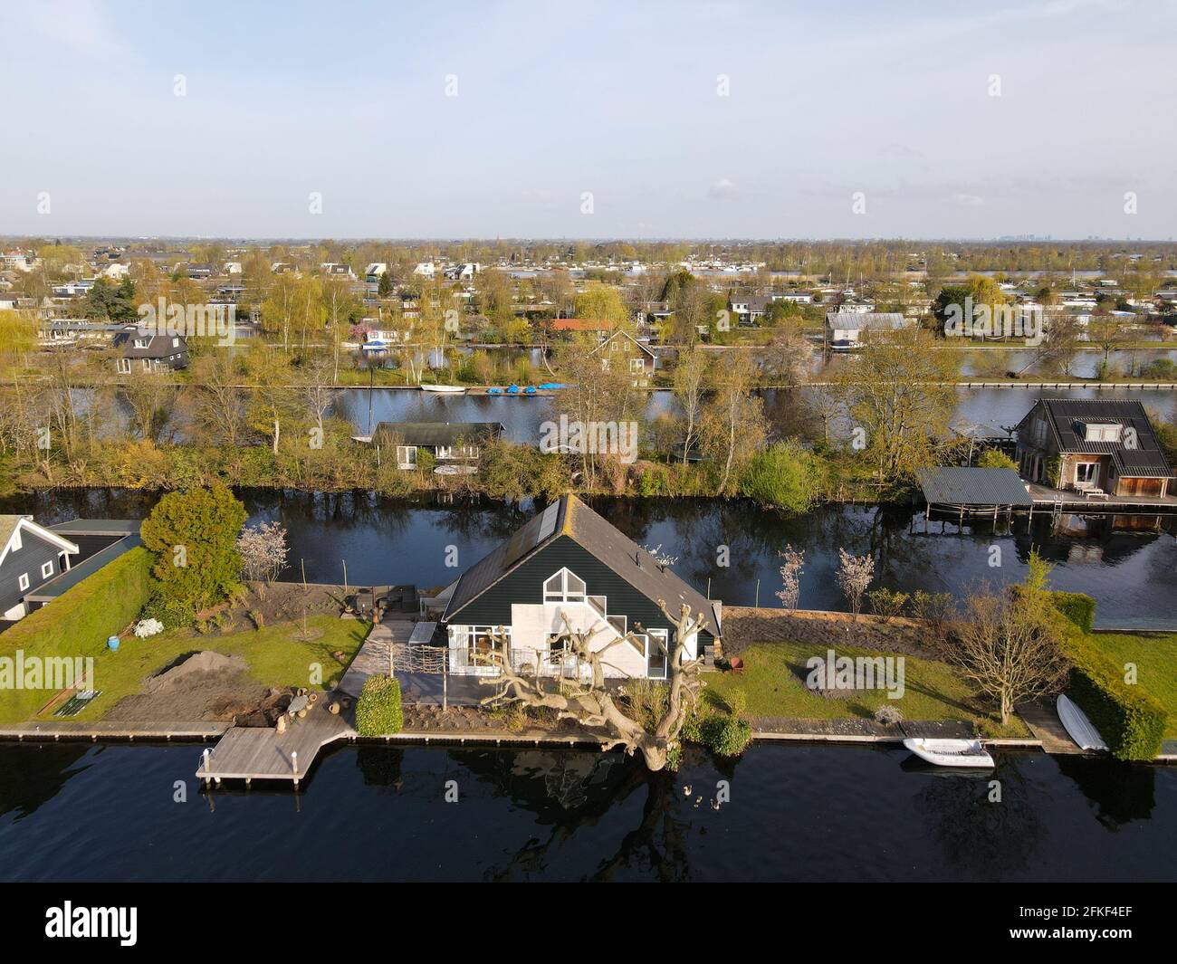 Aerial view of small islands in the Lake Vinkeveense Plassen, near ...