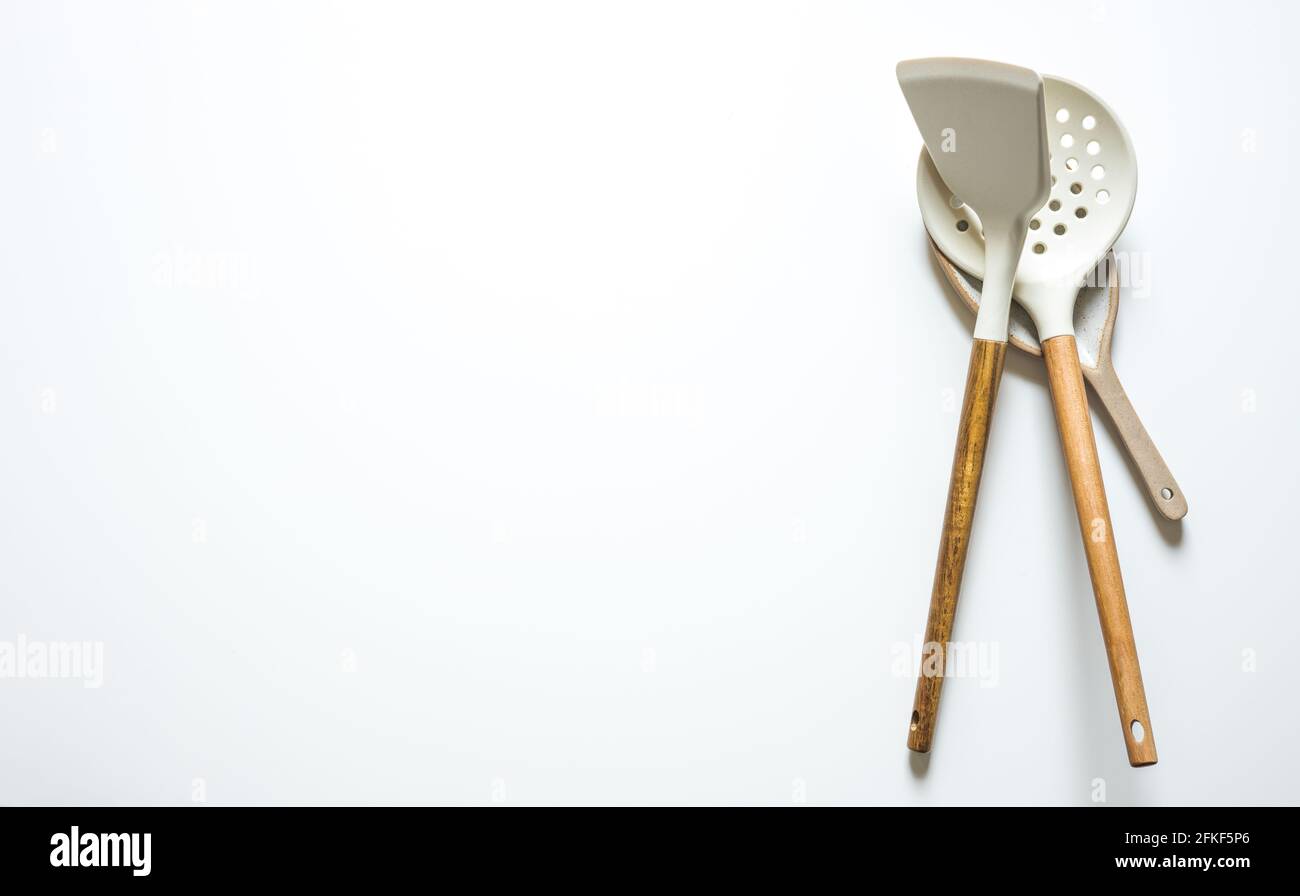 kitchen spatula useful for cooking. White background, place for text ...