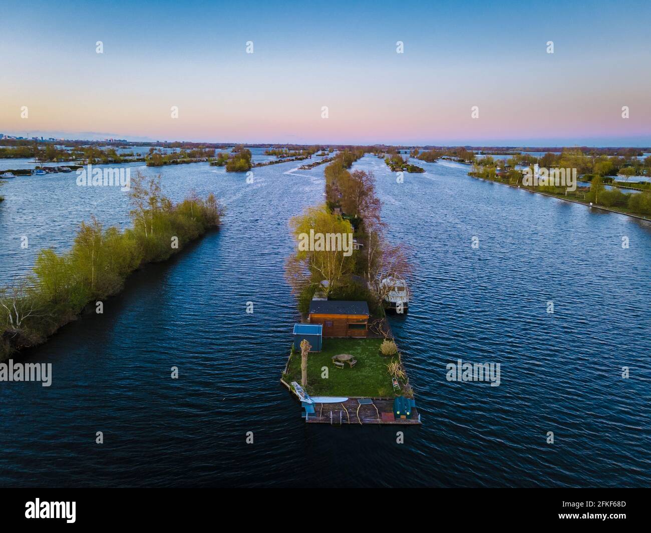 Aerial view of small islands in the Lake Vinkeveense Plassen, near ...