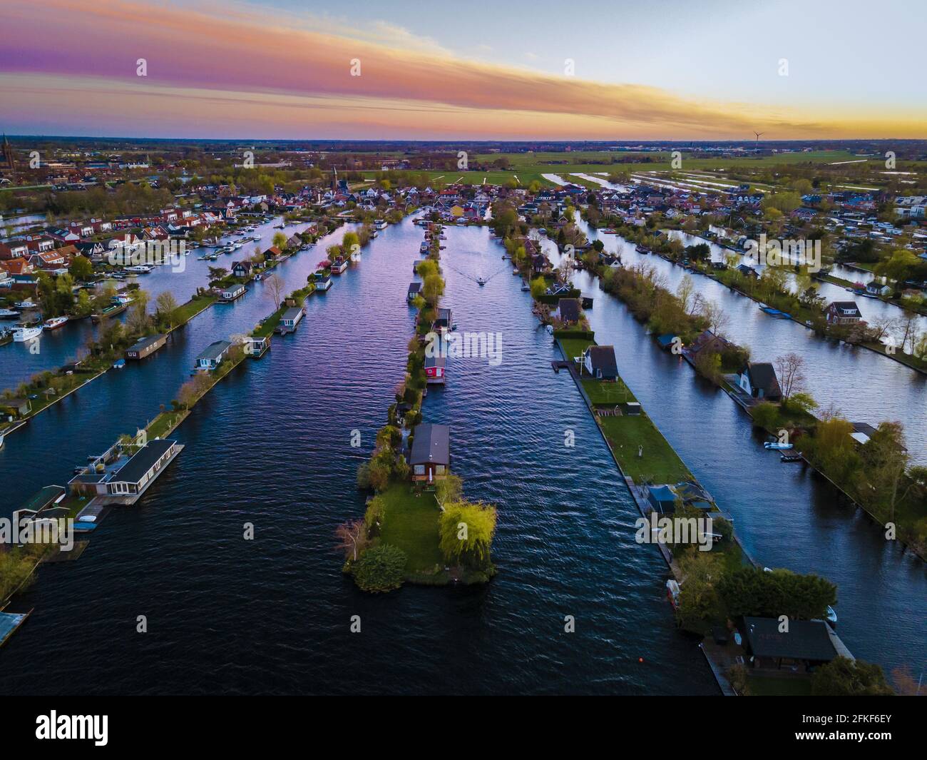 Aerial view of small islands in the Lake Vinkeveense Plassen, near ...