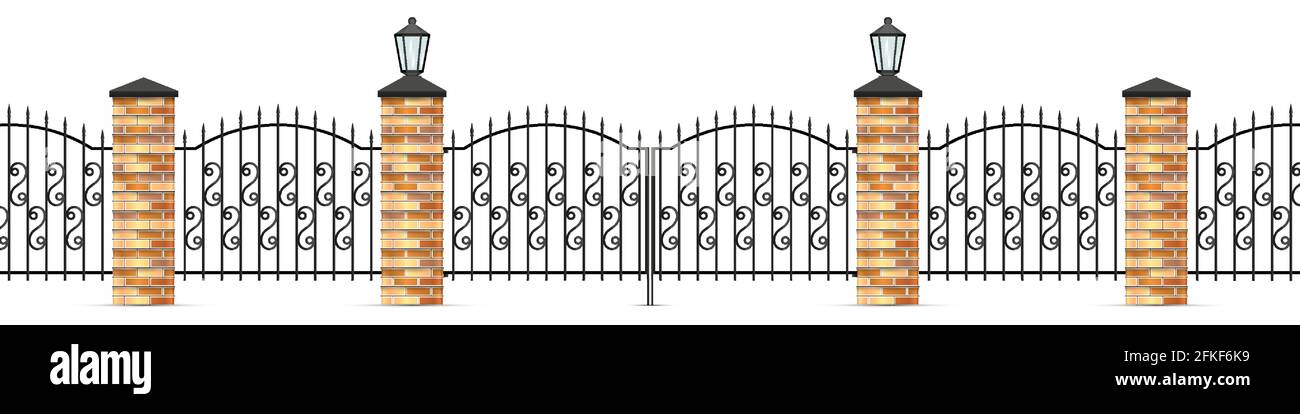 Wrought iron fence panels and gates. Brick posts and street lights ...