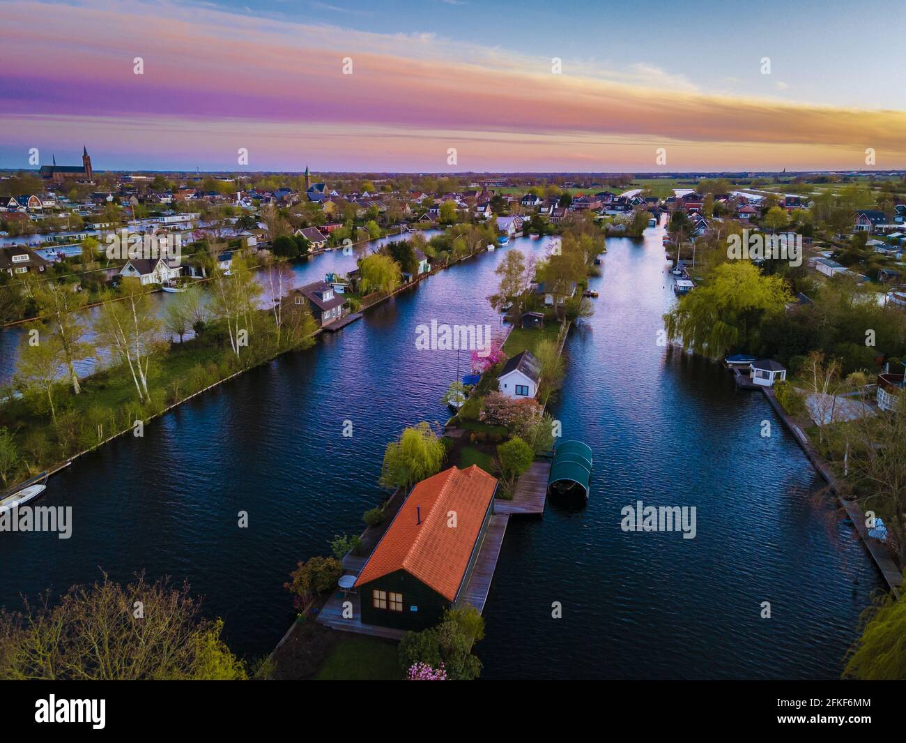 Aerial view of small islands in the Lake Vinkeveense Plassen, near ...