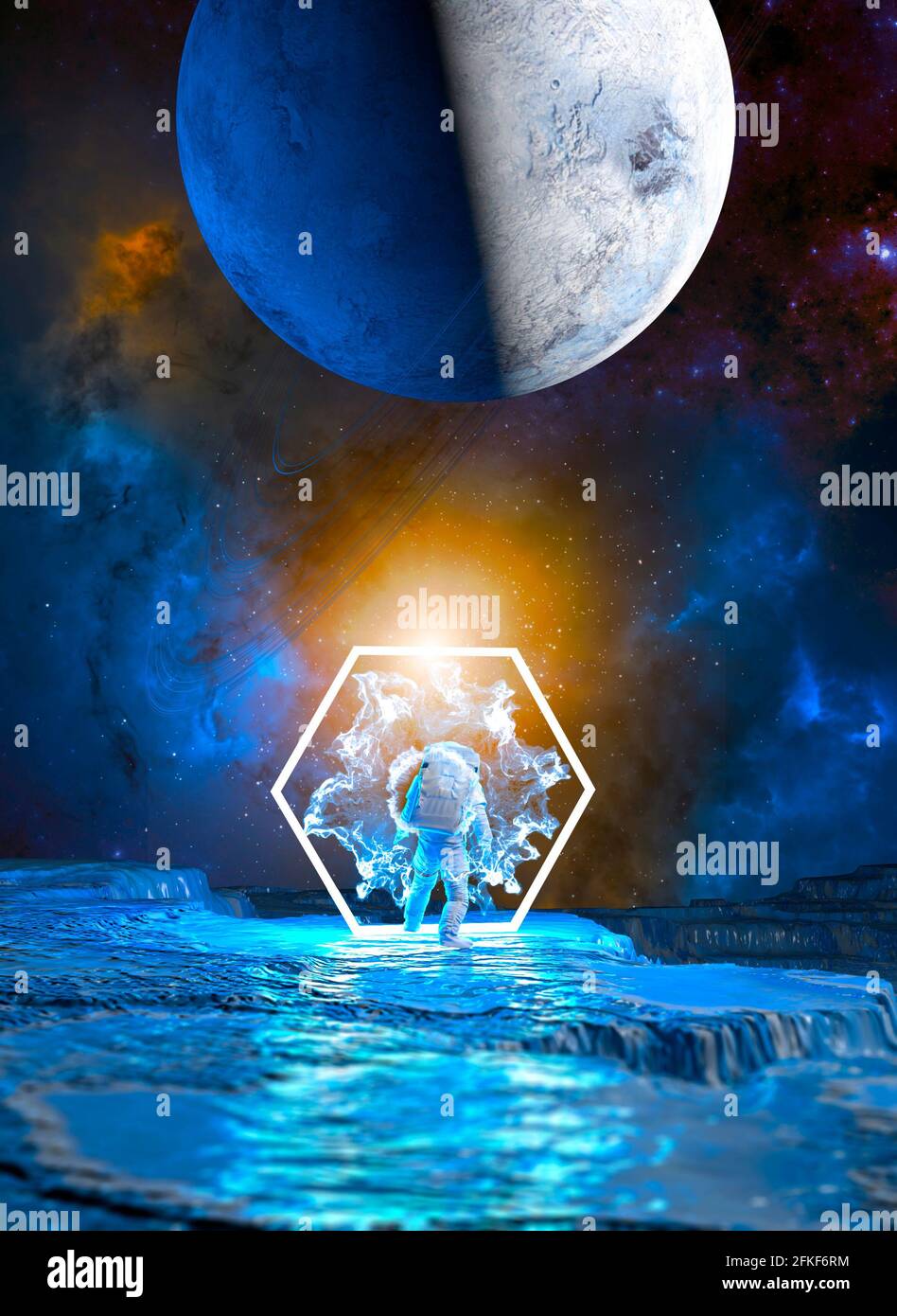 Travel in space time. Time traveler enters a portal that unites two ...