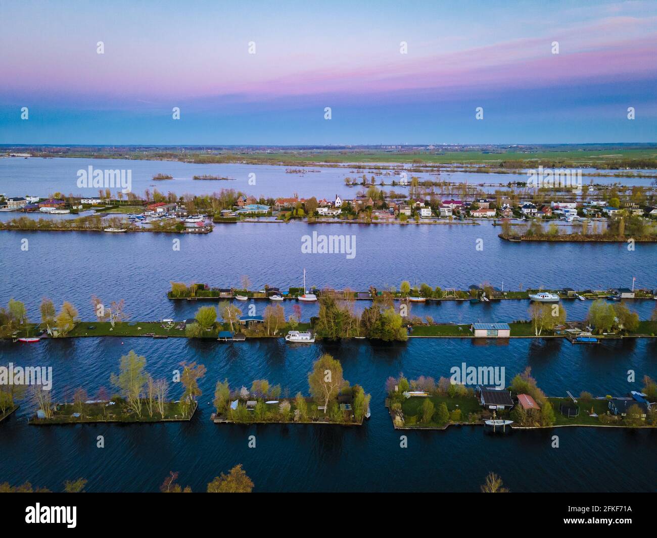 Aerial view of small islands in the Lake Vinkeveense Plassen, near ...