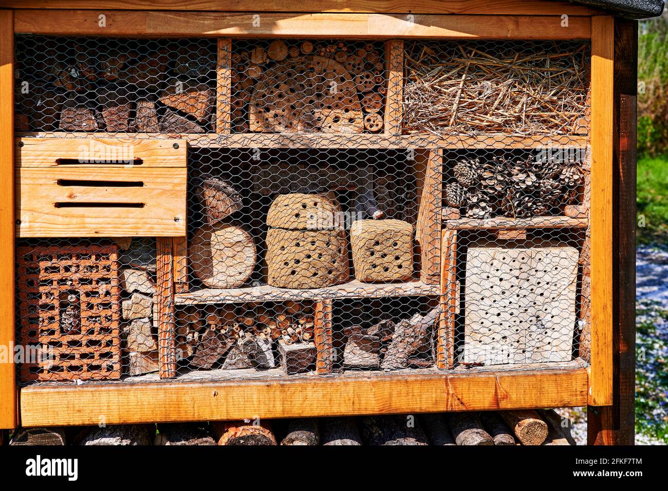 View to an insect hotel made of different materials to offer a retreat ...