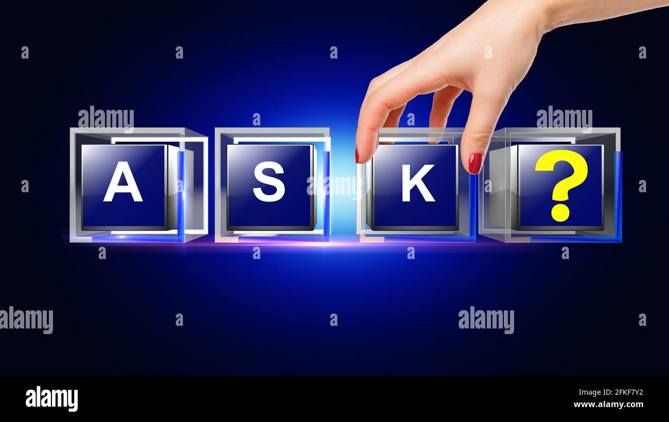Ask letter written on glass cube, animated hand putting one icon on ...