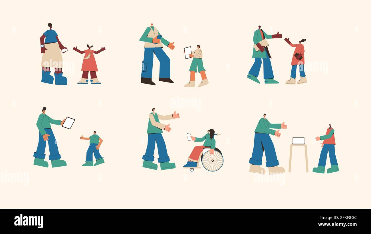 Set of people communication. Adult characters and children talking to ...