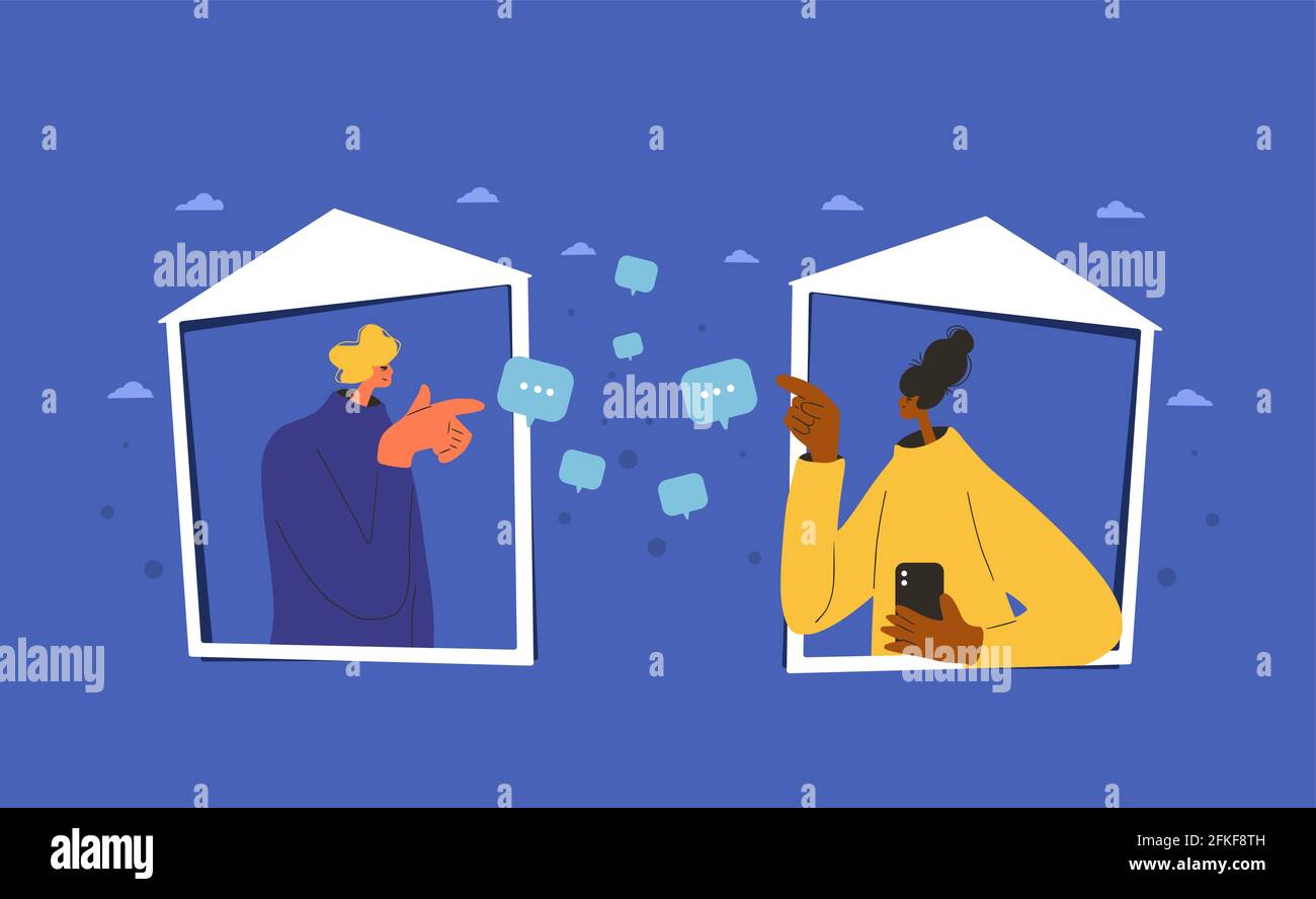 Online conflict. Remote bad relationship. Man and woman portraits with ...