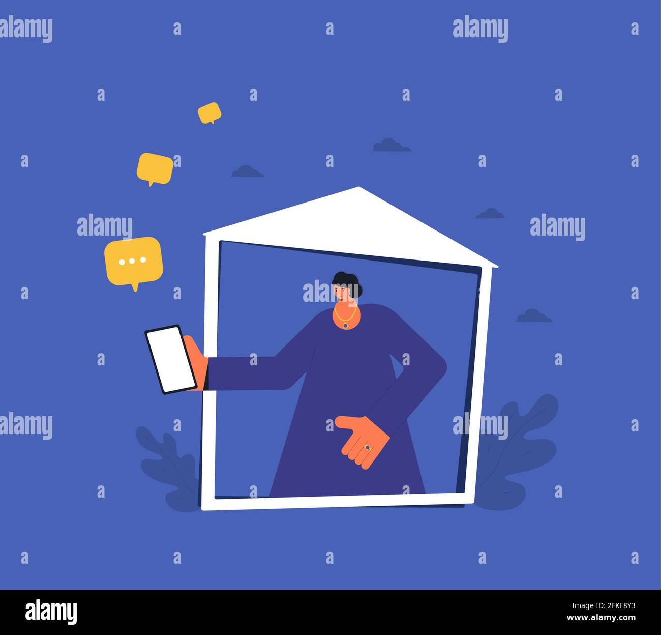 Online communication. Woman portrait with frame. Female person get a ...