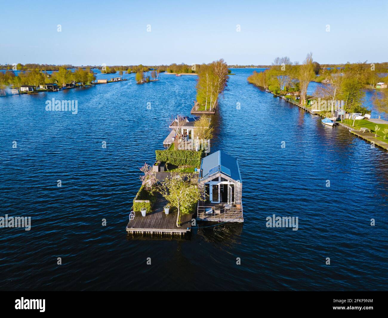 Aerial view of small islands in the Lake Vinkeveense Plassen, near ...