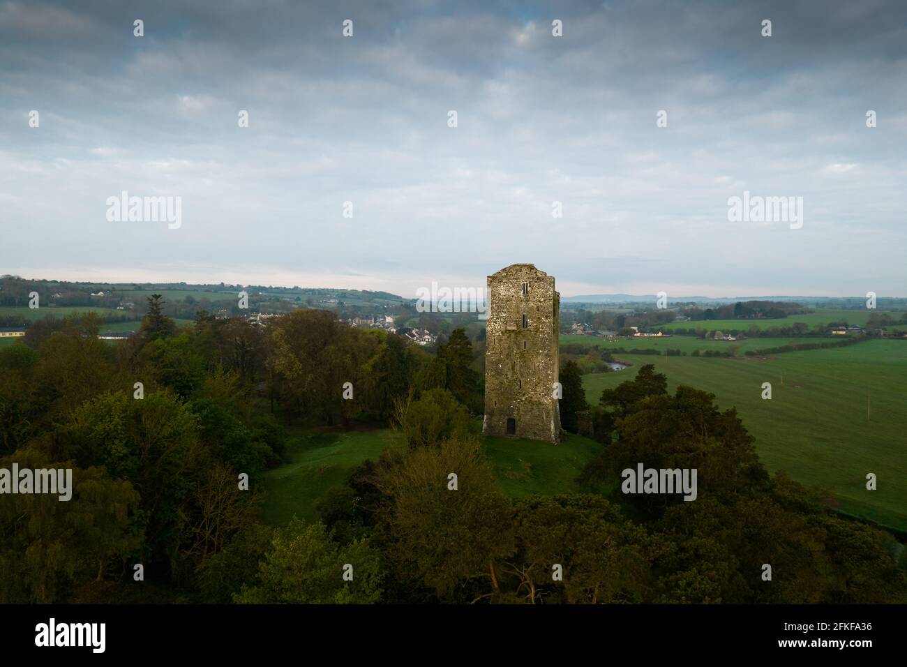 Aerial view of Conna Castle in county Cork, Ireland, a ruined five ...