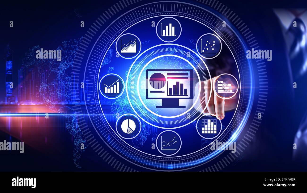 Data Analysis Chart Concept Rotating wheel with icon surrounded by city ...