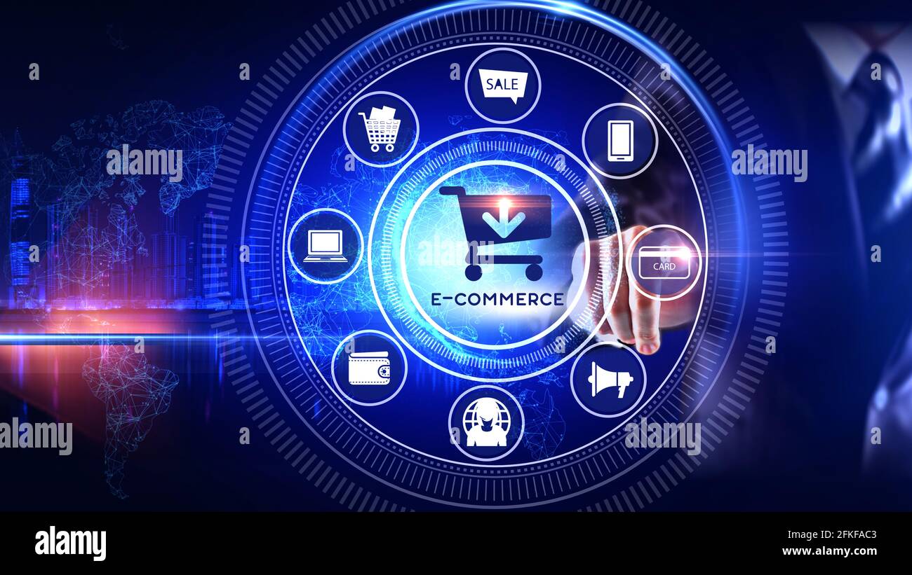 E-commerce Icon Concept Rotating wheel with icon surrounded by city ...