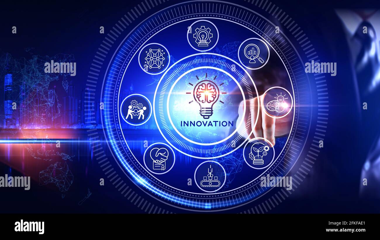 Innovation Icon Concept Rotating wheel with icon surrounded by city ...