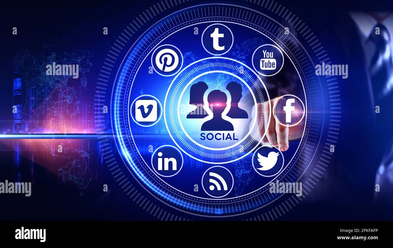 Social Media Icon Concept Rotating wheel with icon surrounded by city ...