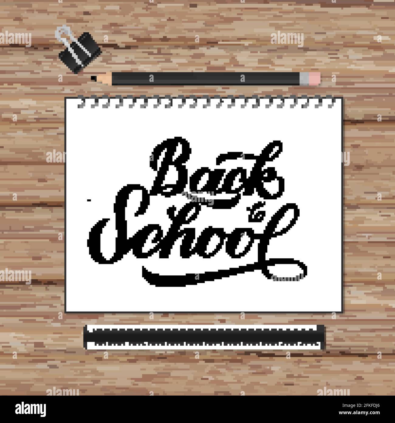 Back to school lettering hand written in a notebook. Wooden texture ...