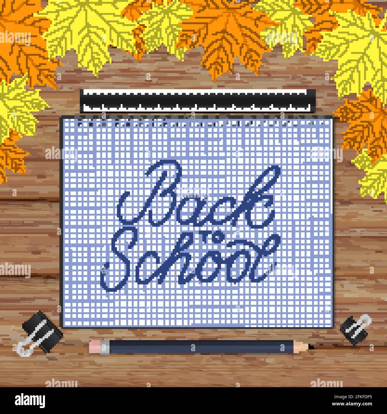 Back to school lettering hand written in a notebook. Wooden texture ...