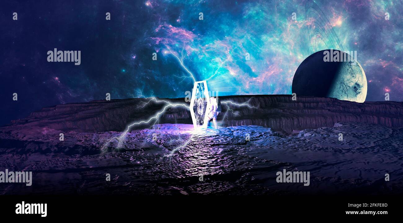 Travel in space time. Time traveler enters a portal that unites two ...