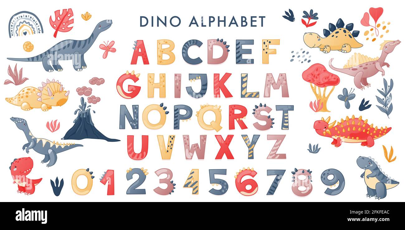 Cartoon cute Dinosaur alphabet. Dino font with letters and numbers. Children Vector illustration ...