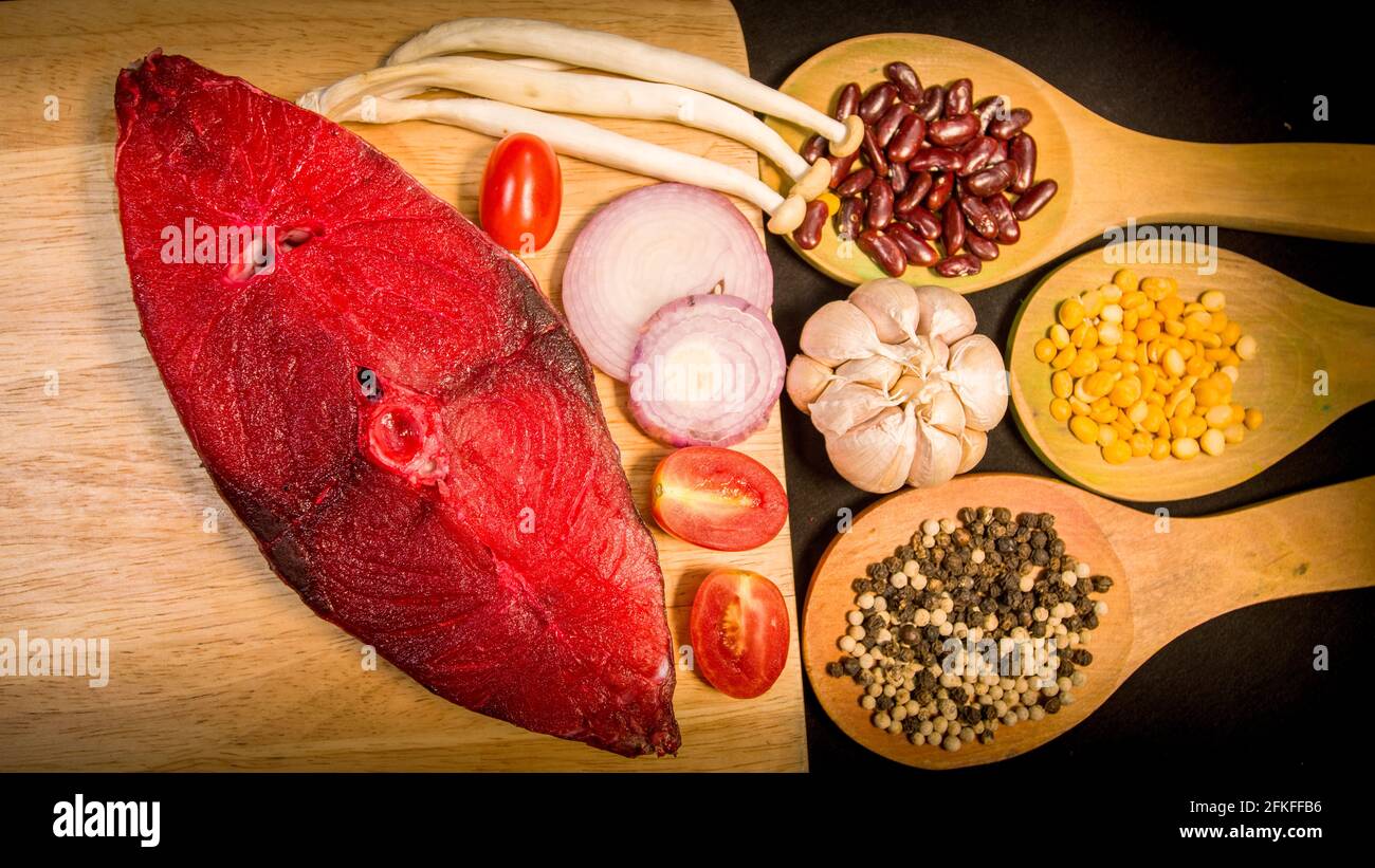 Preparing cooking materials. Fresh vegetables,Fresh fish fillets and ...