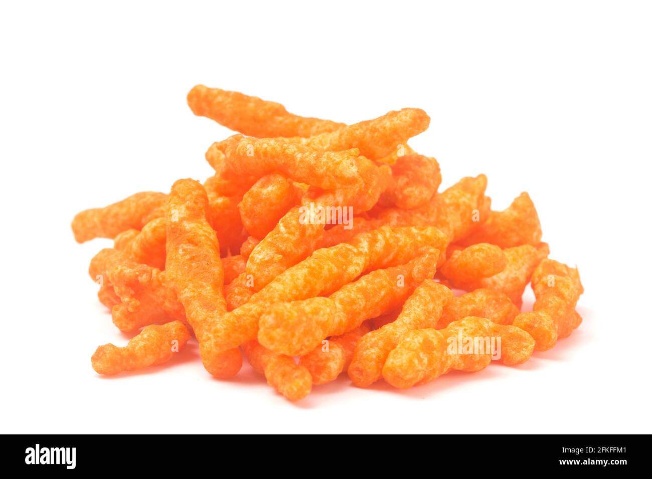 Long and Thing Crunchy Orange Cheesy Chips on a White Background Stock ...