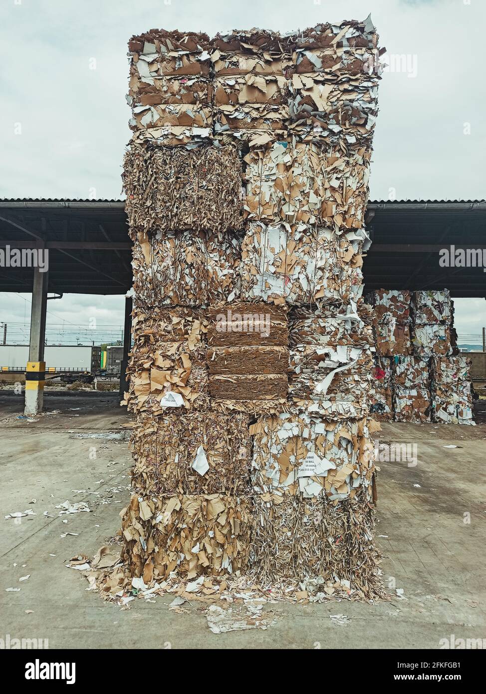 Vertical shot of piles of pressed waste paper bales in the yard, waste ...