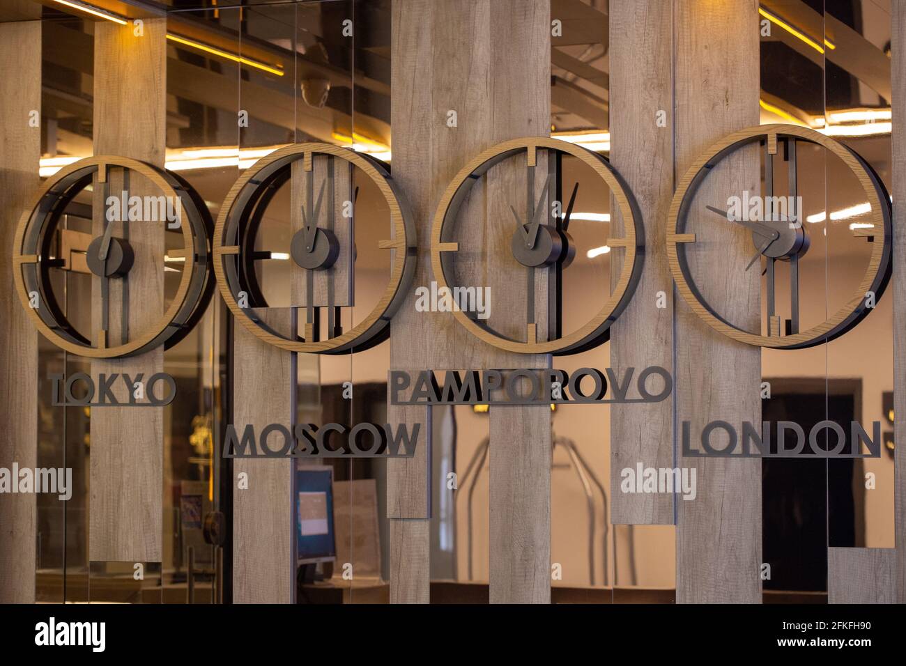 Clocks with different time zones on the hotel reception wall Stock ...