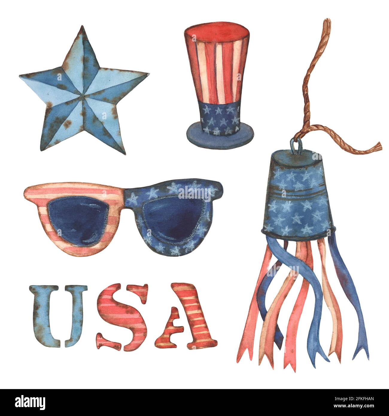 Watercolor hand-made illustrations 4th of July Clipart USA American ...