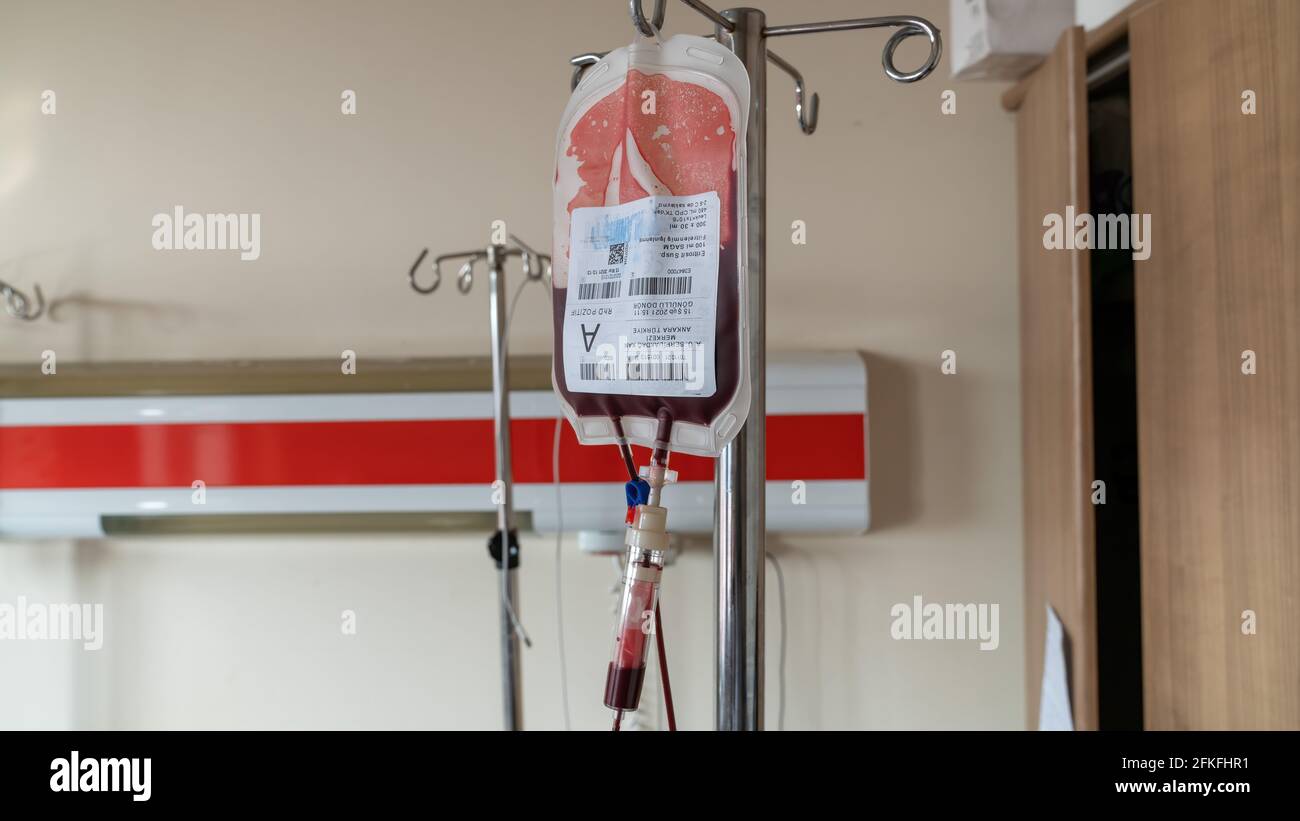 Ankara, Turkey - March 2021: Blood transfusion serum in hospital room ...