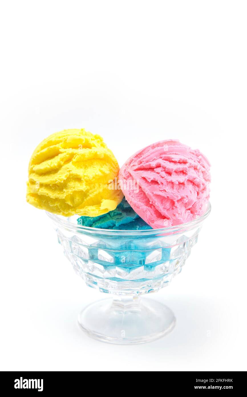 Scoops of Yellow Pink and Blue Ice Cream on a White Background Stock ...