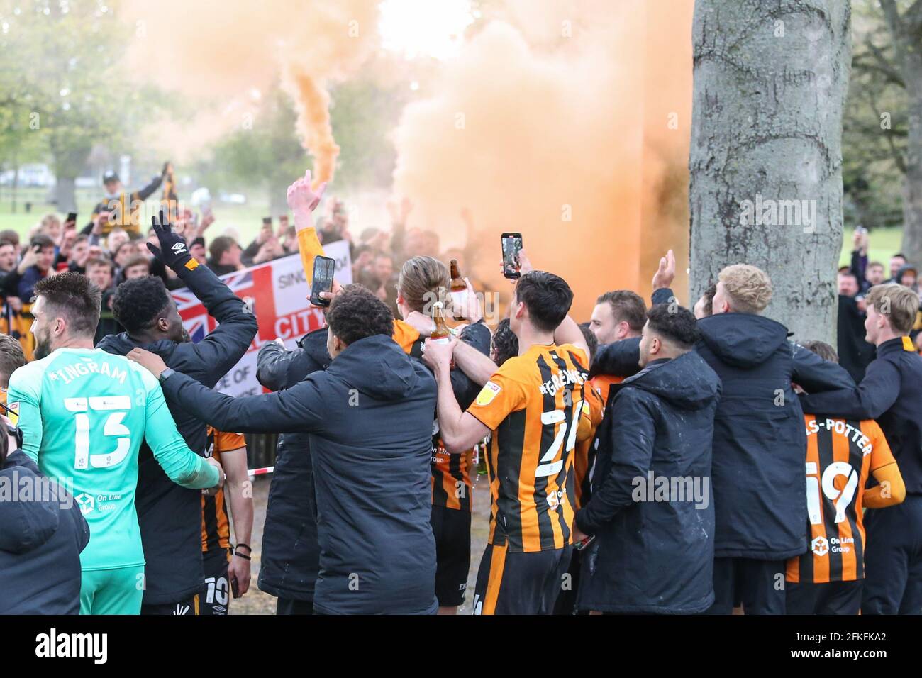 Hull City players celebrate with fans outside the KCOM Stadium Stock Photo - Alamy