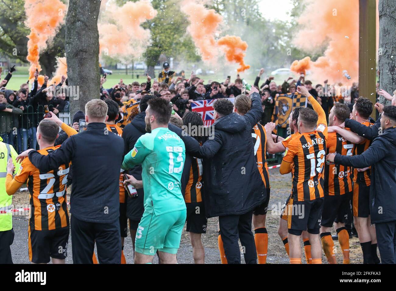 Hull City players celebrate with fans outside the KCOM Stadium Stock Photo - Alamy