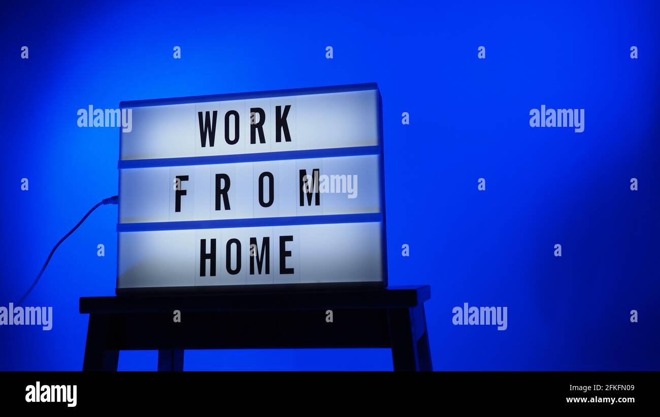 Work from home light box in studio. WFH Text on lightbox. Represent ...