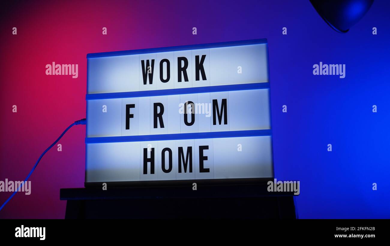 Work from home light box in studio. WFH Text on lightbox. Represent ...