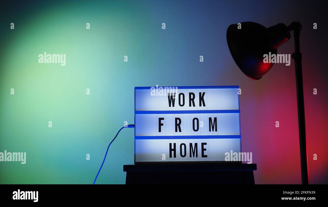 Work from home light box in studio. WFH Text on lightbox. Represent ...