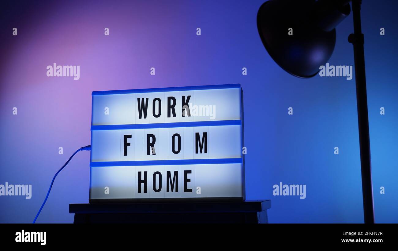 Work from home light box in studio. WFH Text on lightbox. Represent ...